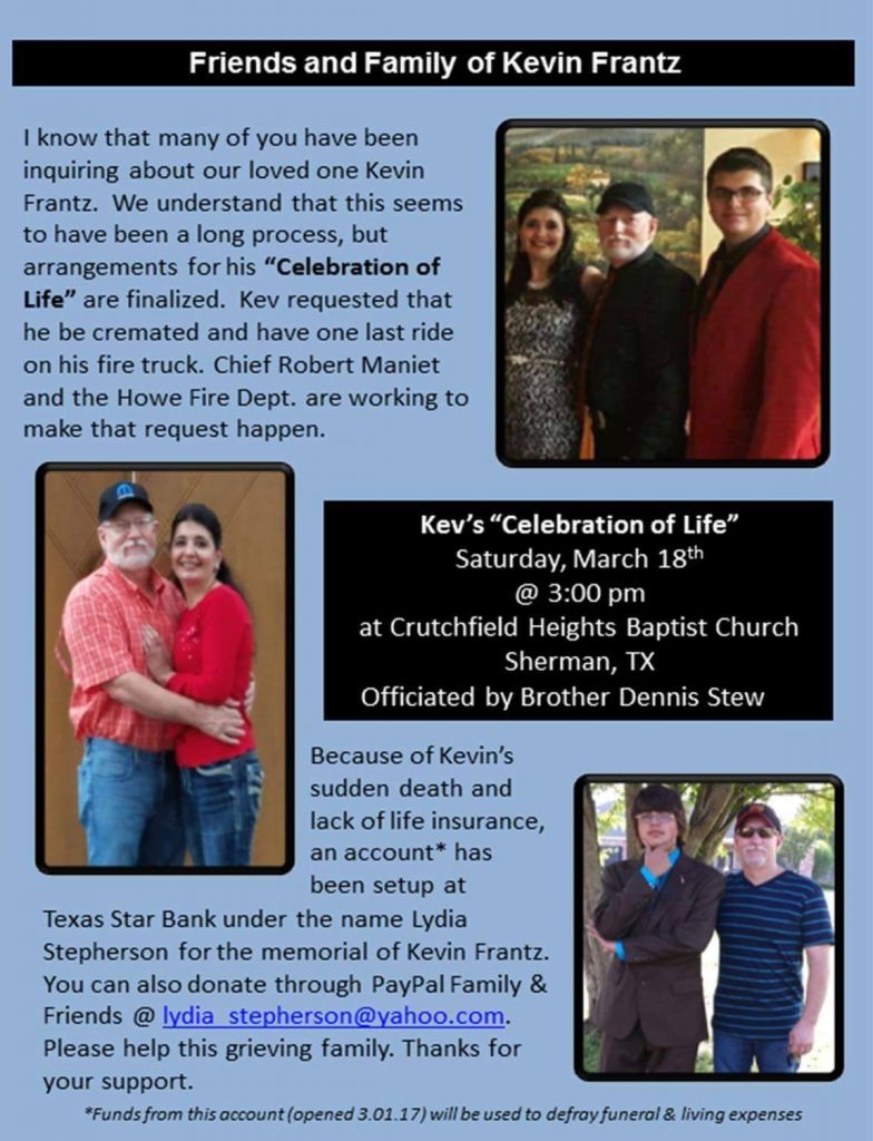 "Celebration of Life" information for Kevin Frantz - The Howe Enterprise