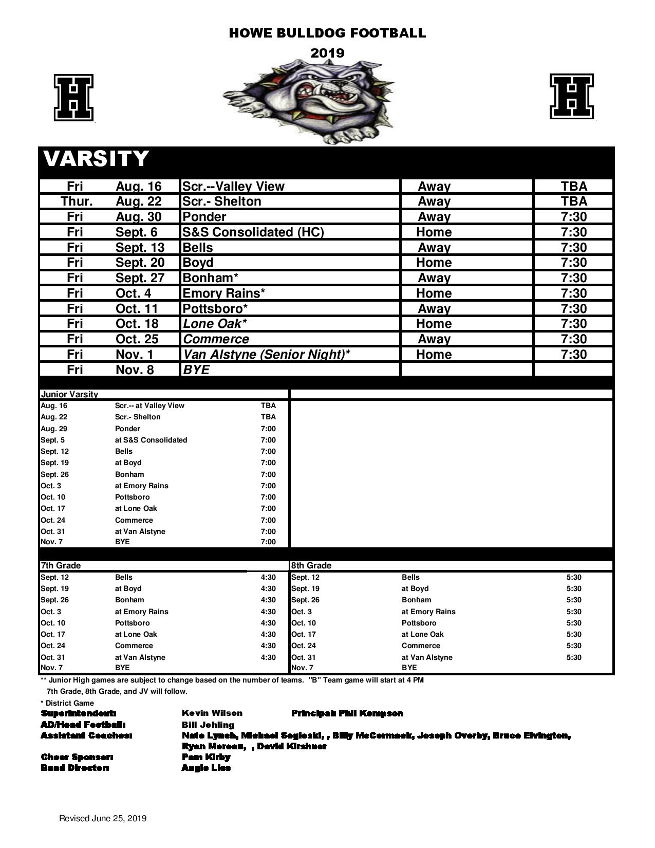 Howe athletic schedules announced; Bulldogs football to celebrate 75 ...